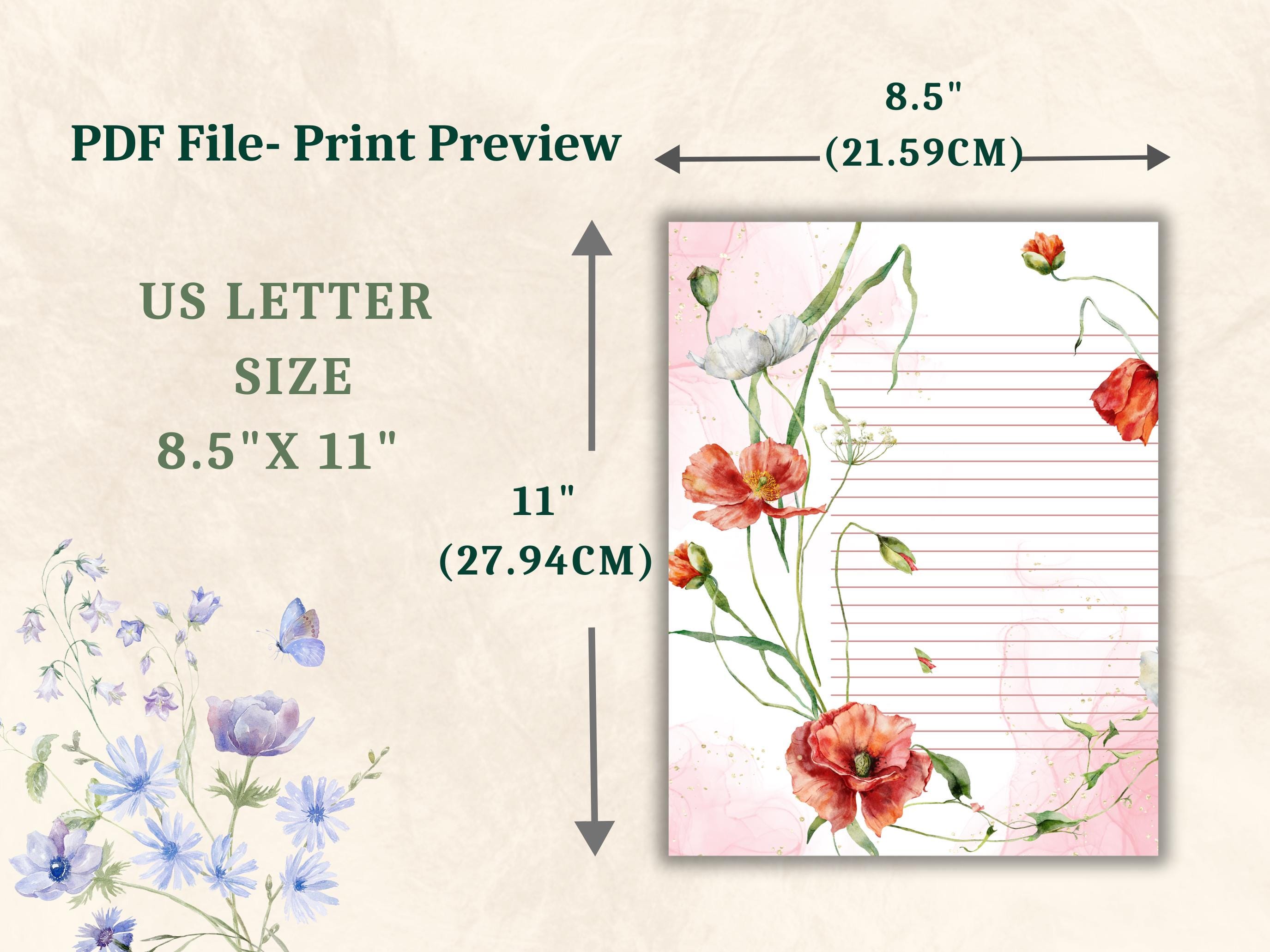 Notebook Paper, Botanical Printable Note Bundle, Flower Printable ...