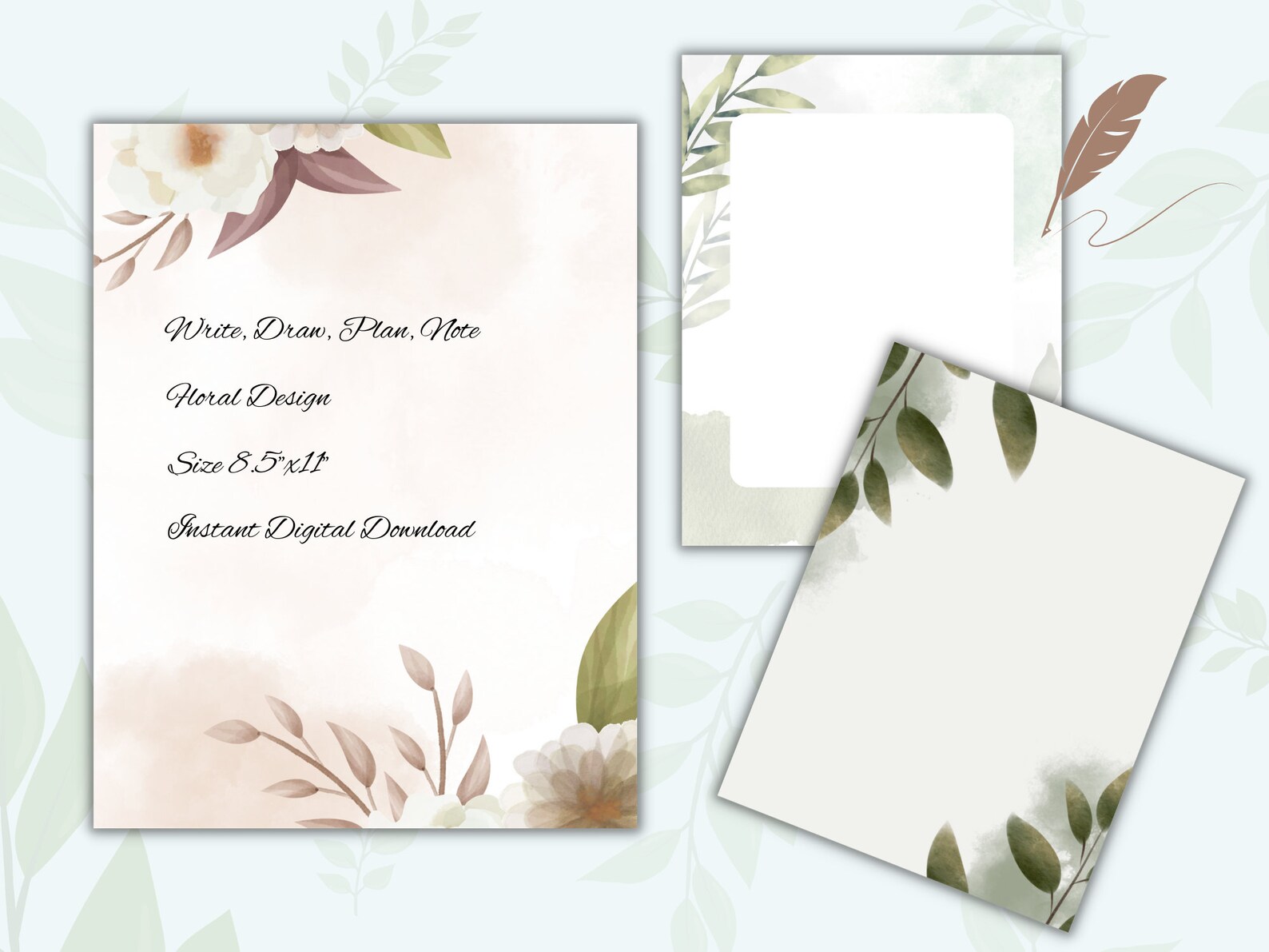 Notebook Paper, Botanical Printable Note Bundle, Flower Printable ...