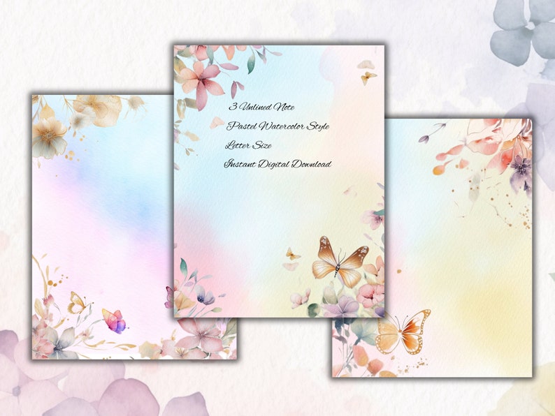 Butterfly Floral Note Set: Pastel Watercolor Stationery (digital ...