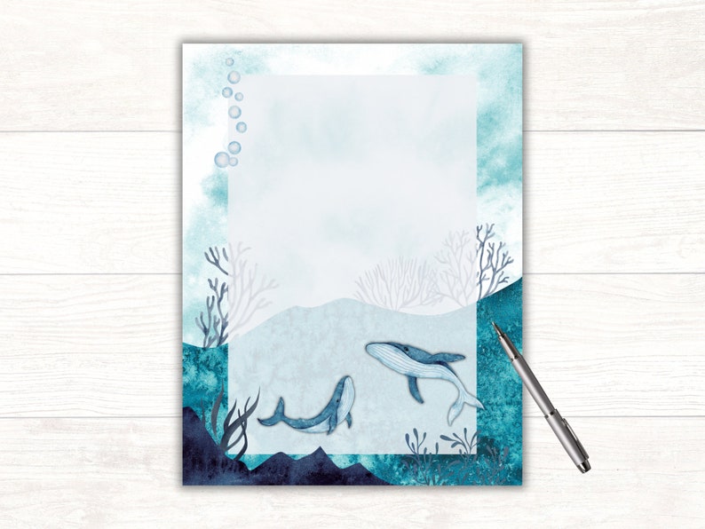 Marine Whale Printable Note Paper: Ocean Stationery (digital Download ...
