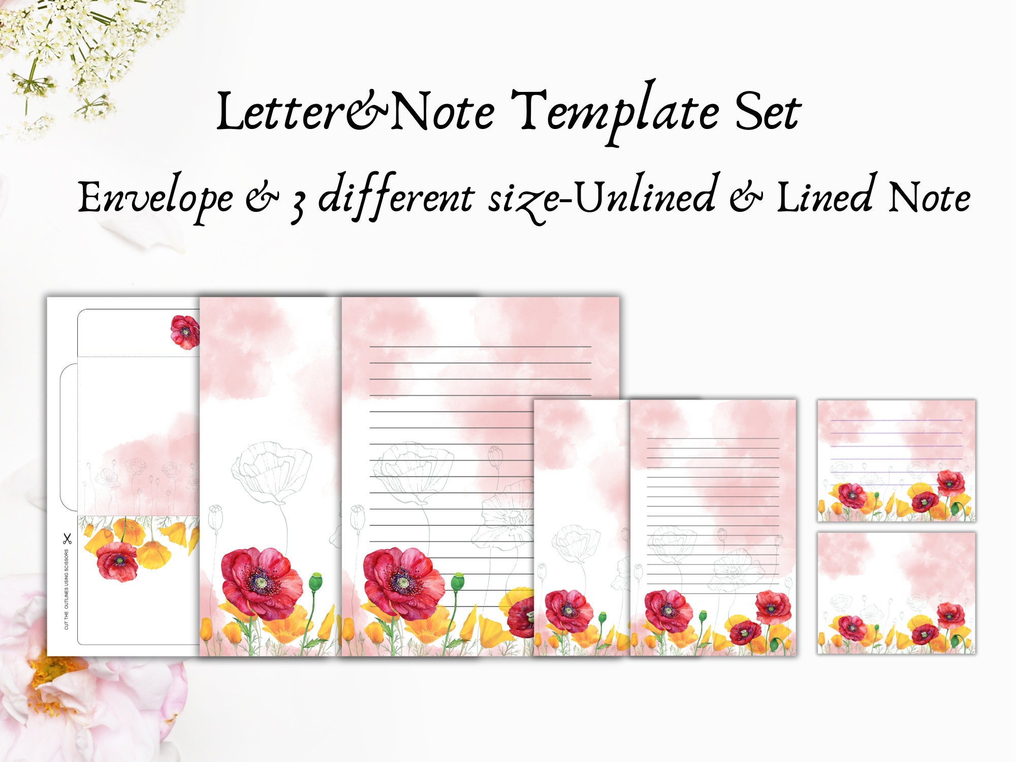 Botanical Printable Note Set, Flower Printable Stationery, Digital Note ...