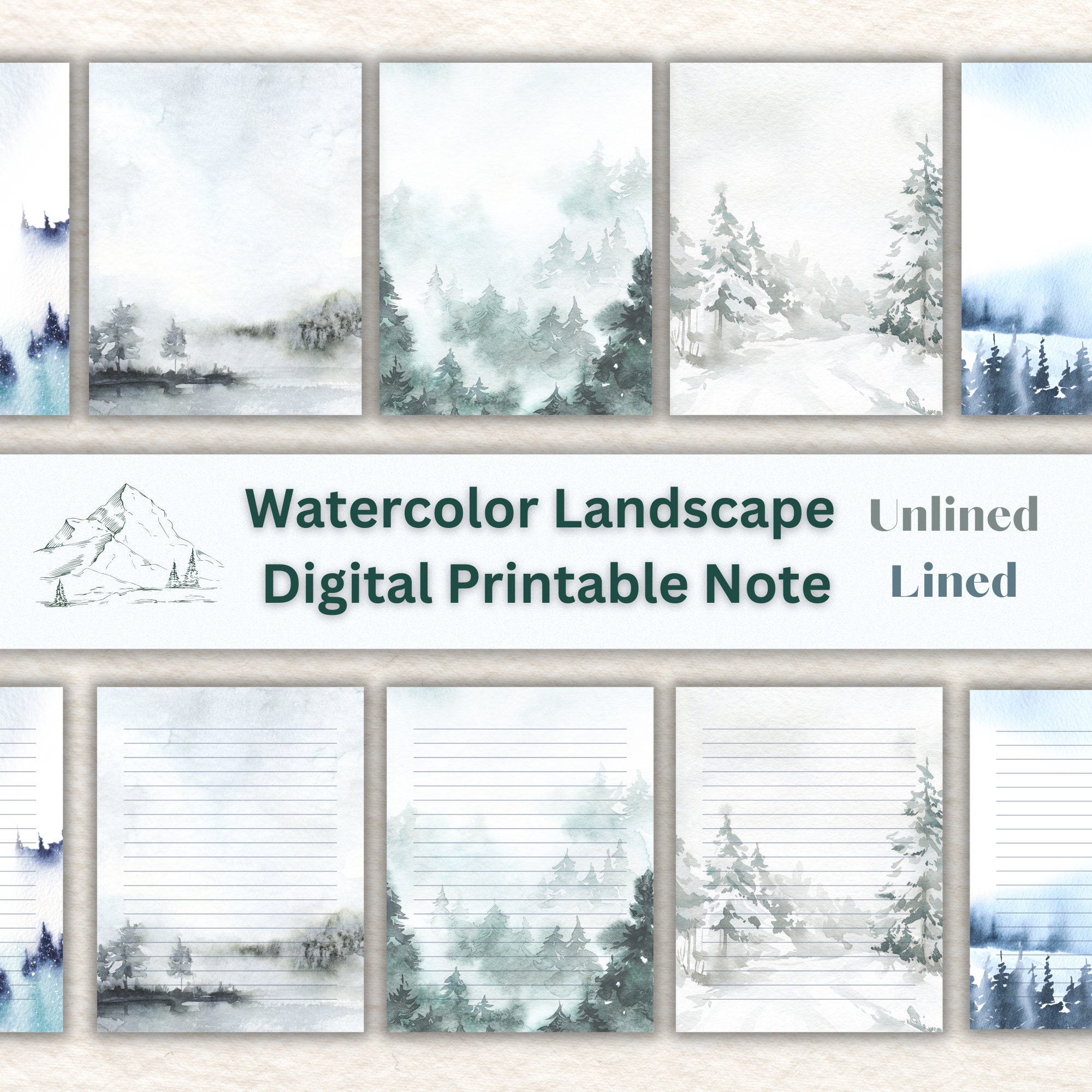 Landscape Printable Note Bundle, Printable Stationery Set, Digital Note ...