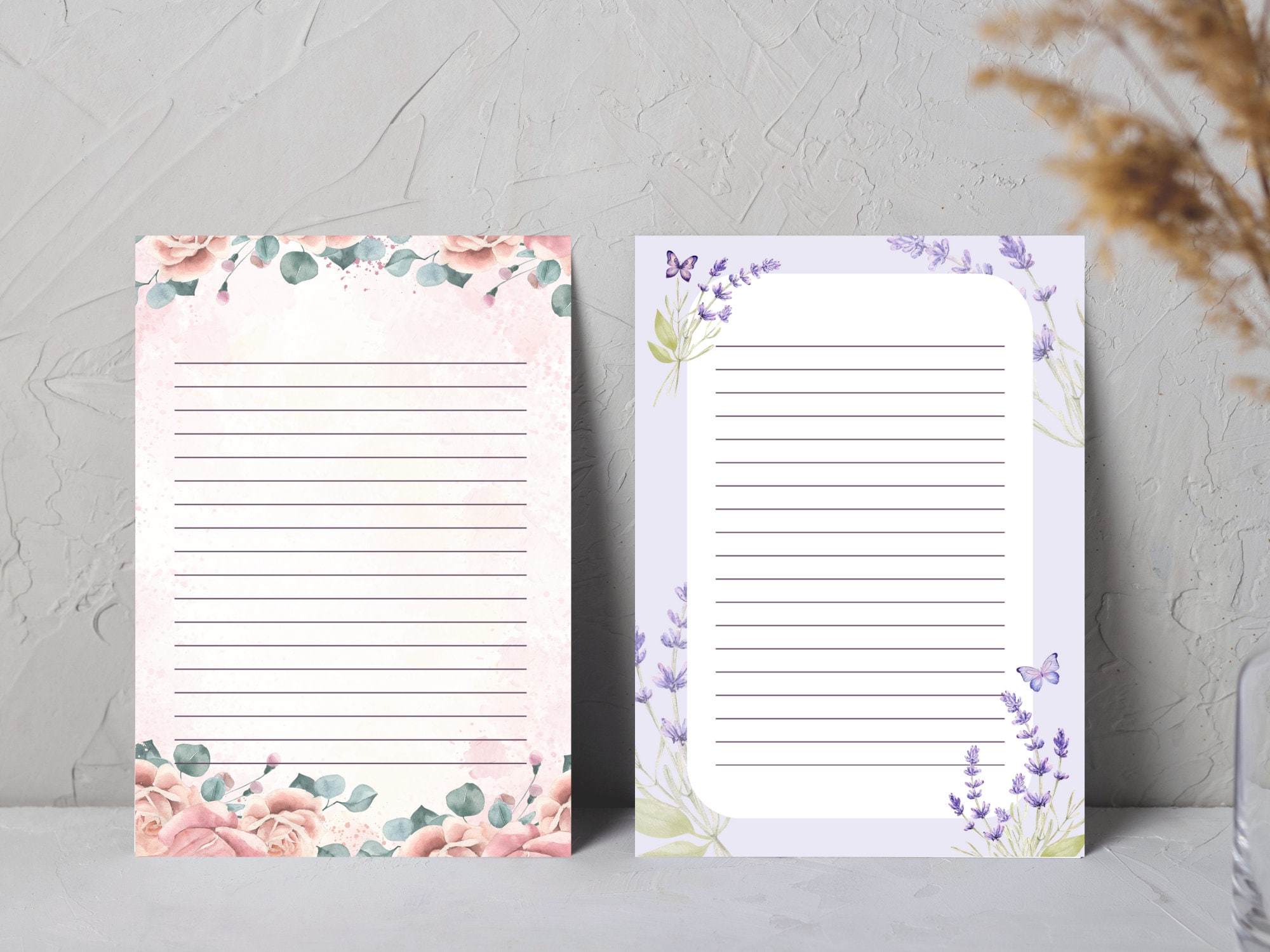 Botanical Printable Note Bundle, Flower Printable Stationery, Digital ...