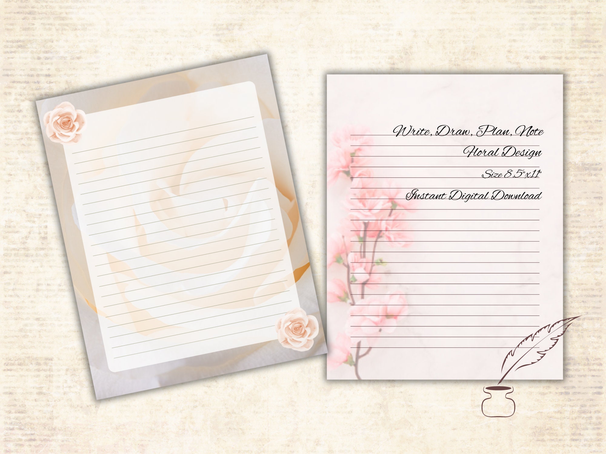 Notebook Paper, Botanical Printable Note Set, Printable Stationery Set ...