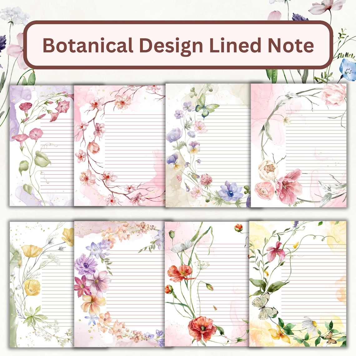 Notebook Paper, Botanical Printable Note Bundle, Flower Printable ...