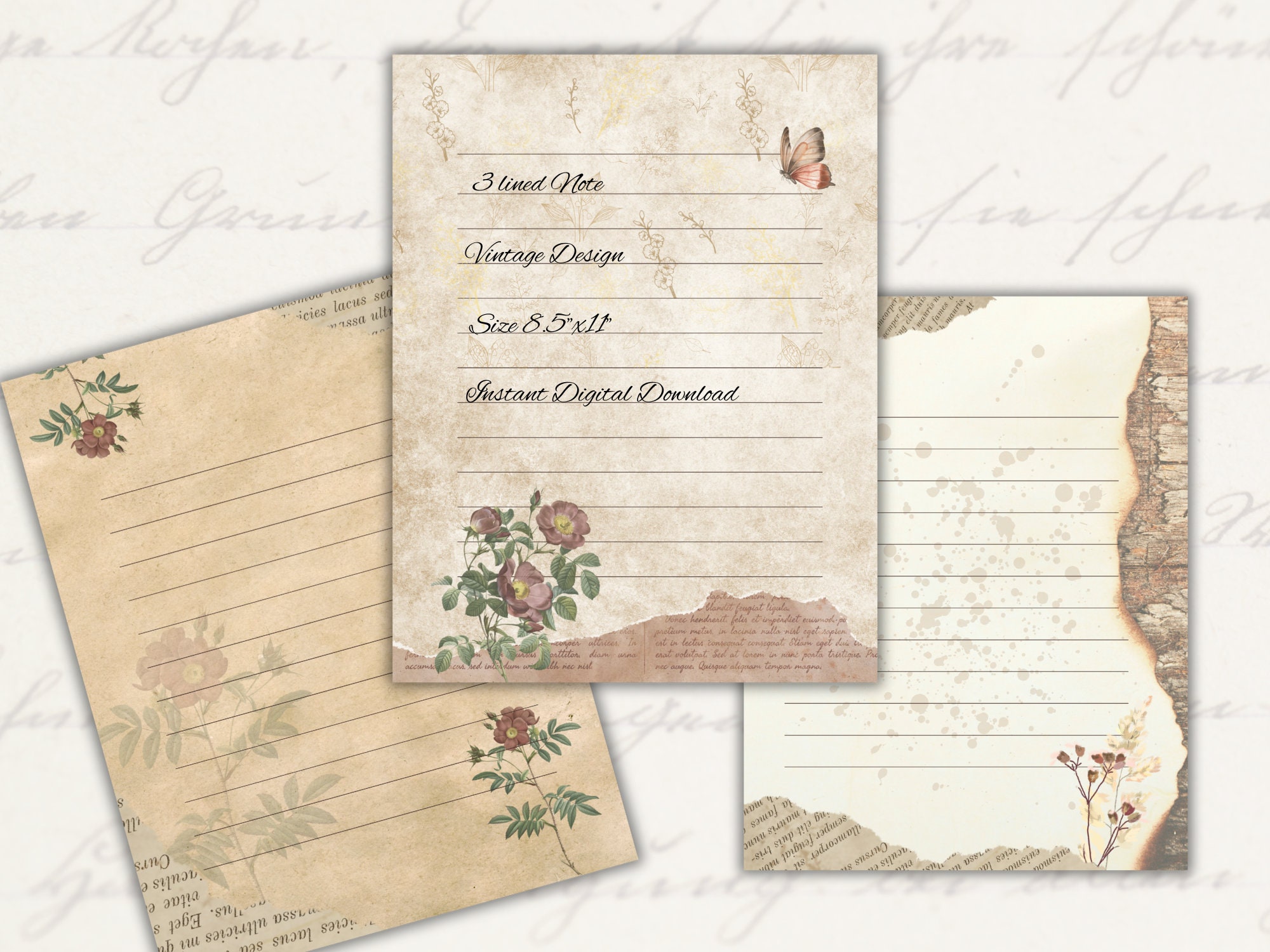 Notebook Paper, Vintage Printable Note Set, Vintage Flower Printable ...