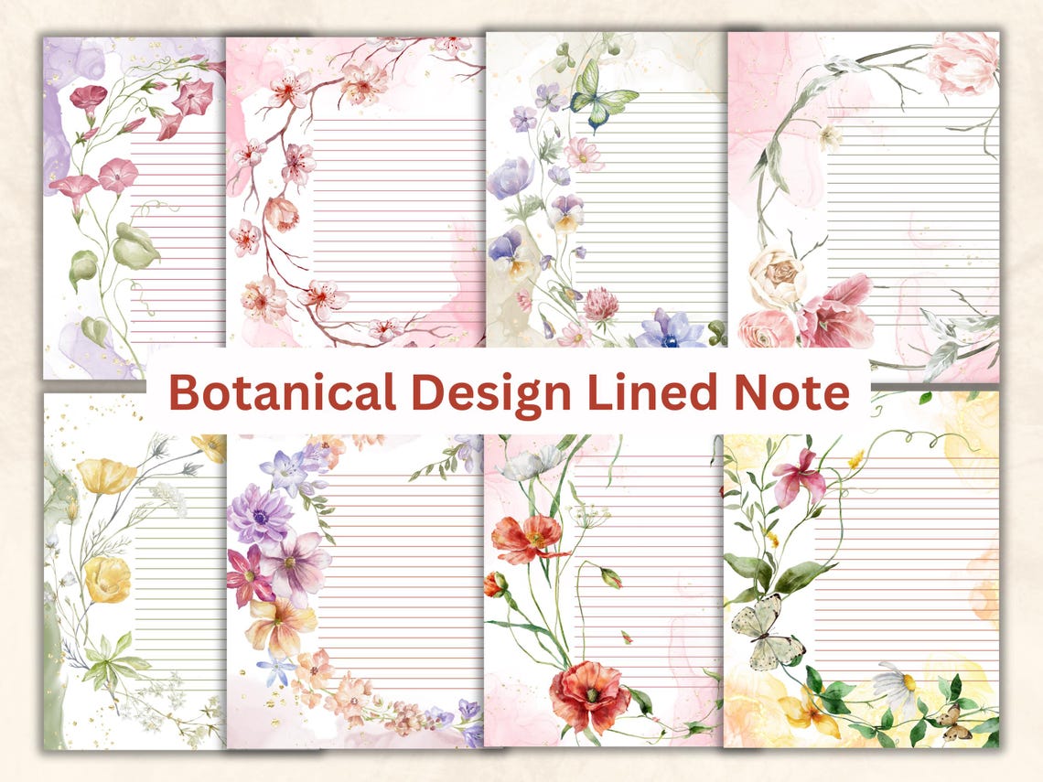 Notebook Paper, Botanical Printable Note Bundle, Flower Printable ...