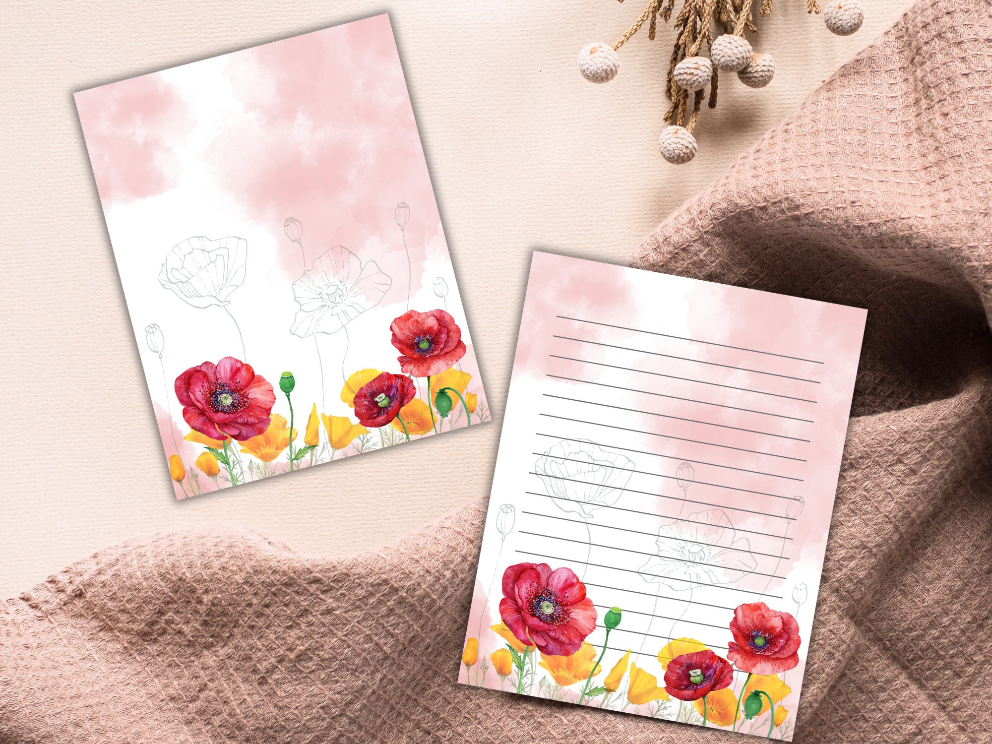 Botanical Printable Note Set, Flower Printable Stationery, Digital Note ...