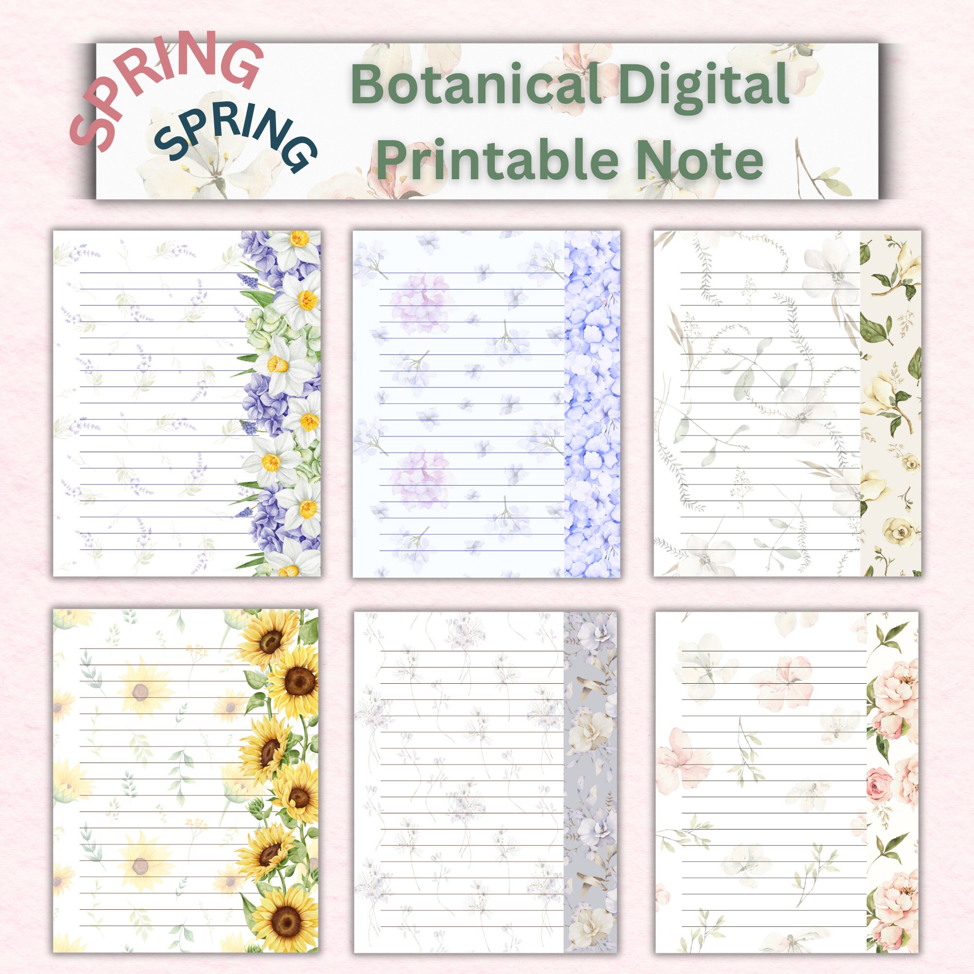 Notebook Paper, Botanical Printable Note Bundle, Flower Printable ...