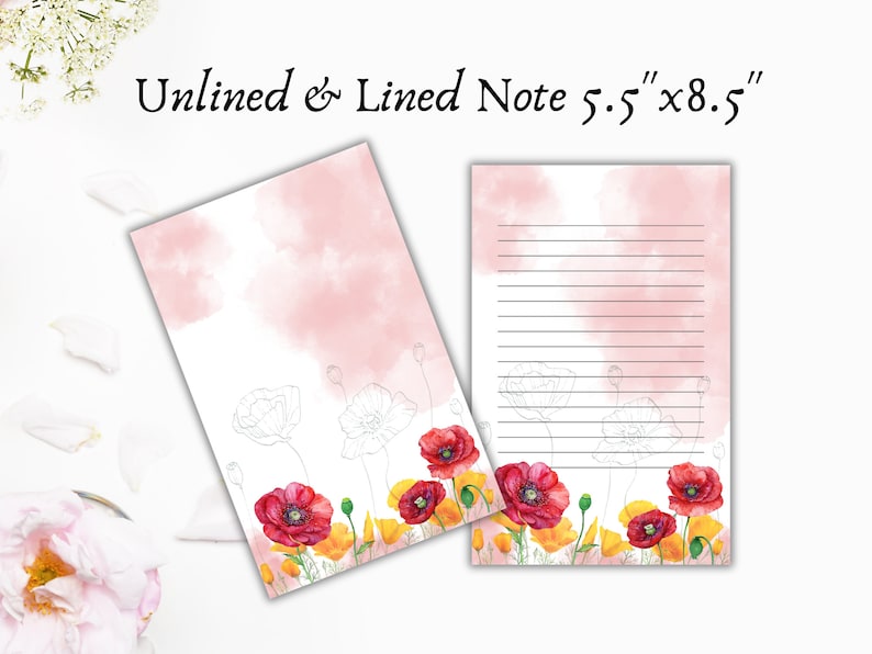 Botanical Printable Note Set, Flower Printable Stationery, Digital Note ...