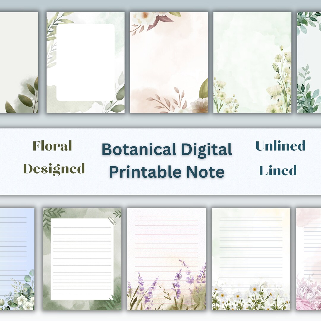 Notebook Paper, Botanical Printable Note Bundle, Flower Printable ...