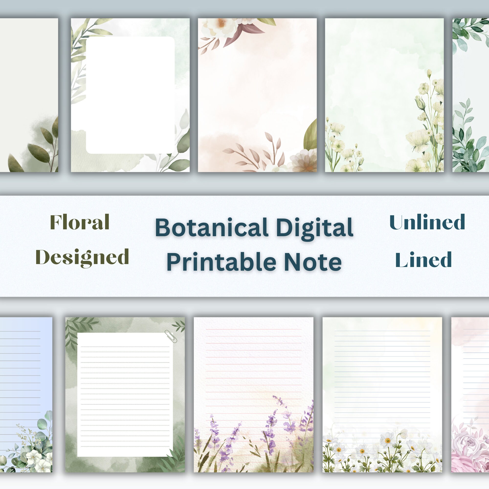 Notebook Paper, Botanical Printable Note Bundle, Flower Printable ...