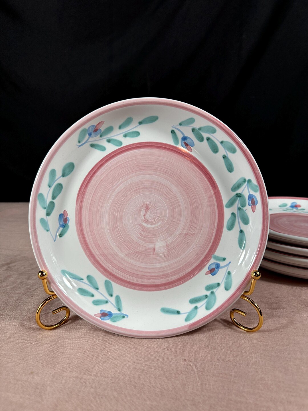 5-piece Set Caleca Pink Garland Hand Painted Plate Set, Made in Italy ...