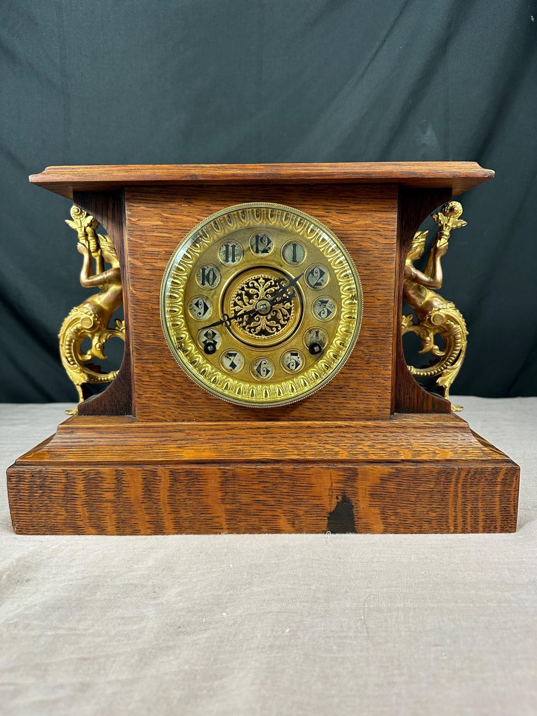 Antique F.kroeber Mermaid 1910 Mantel Clock 8day Quarter Saw Oak ...