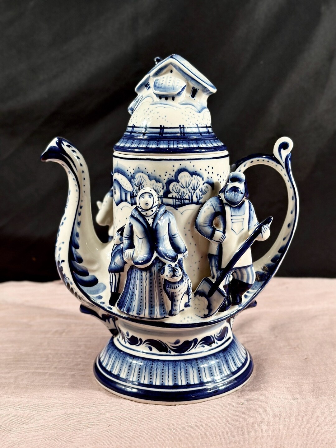 Antique Russian Gzhel Porcelain Teapot With Farm Scene Signed by S ...