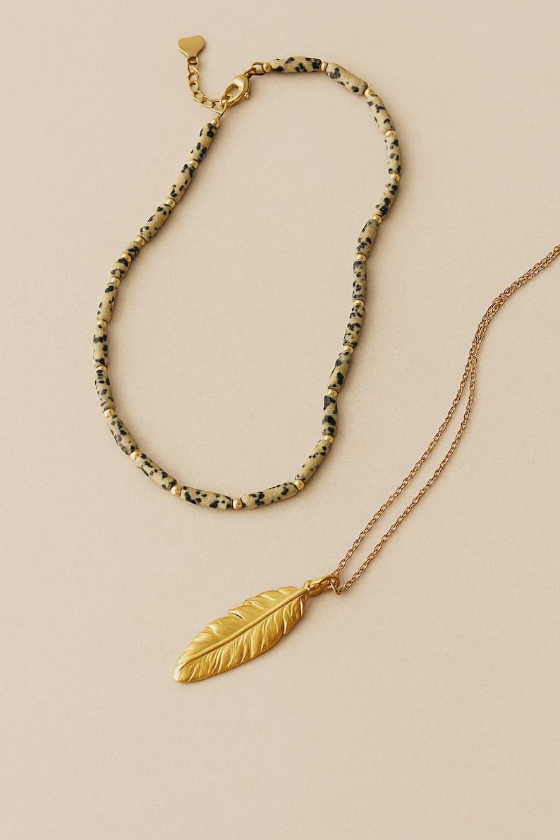 Dalmatian Jasper Choker & Gold Feather Necklace Set – Layered ...
