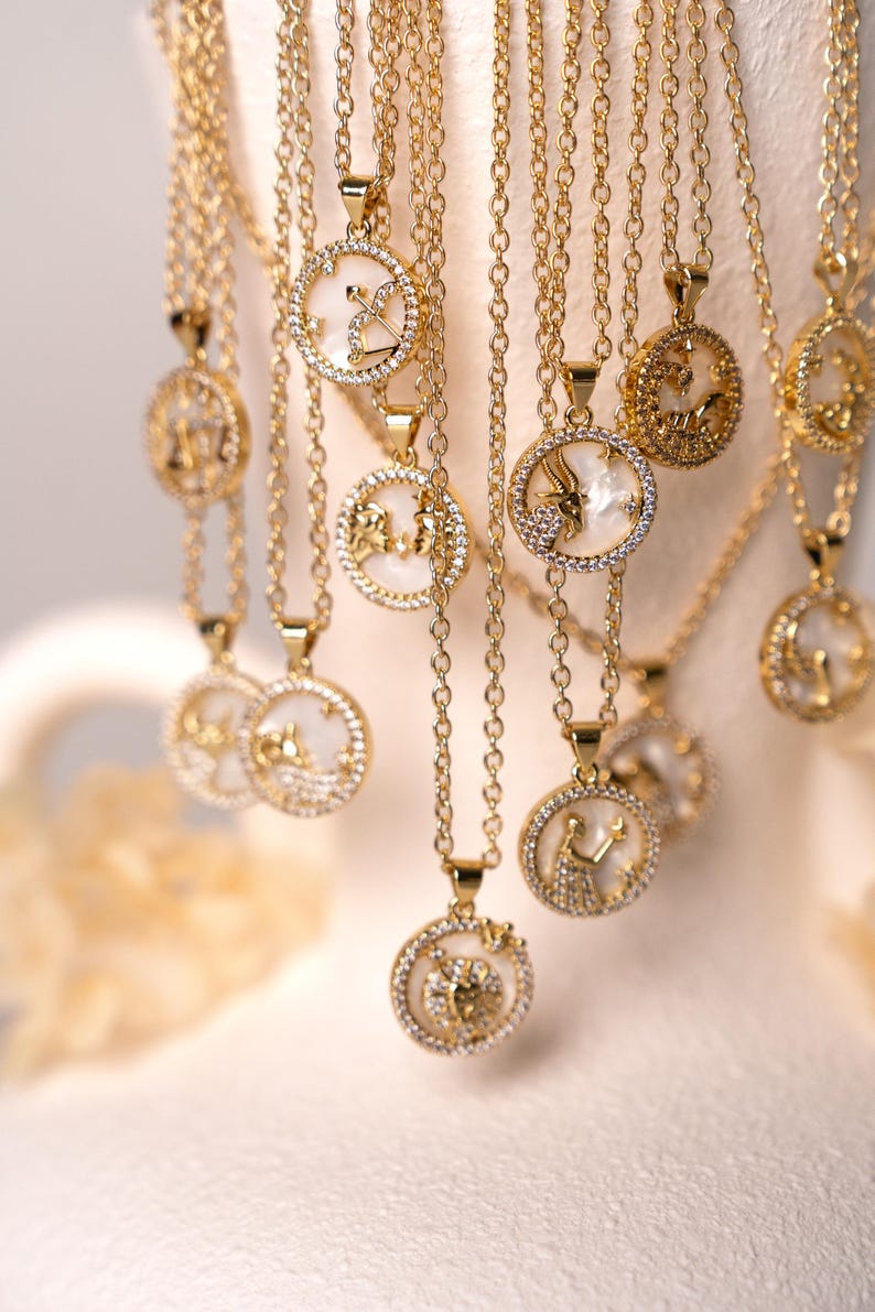 Zodiac Necklace – Gold Shell Horoscope Pendant, Cubic Zirconia - Etsy