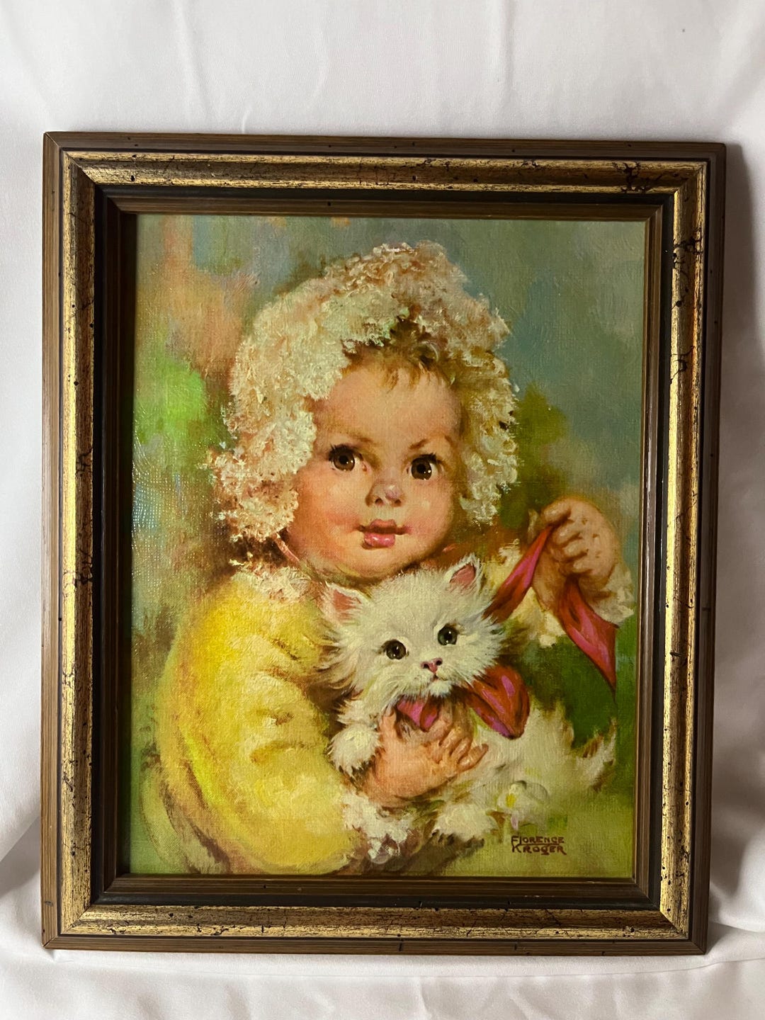 Florence Kroger Framed Lithograph: Baby With Kitten, Vintage Nursery ...
