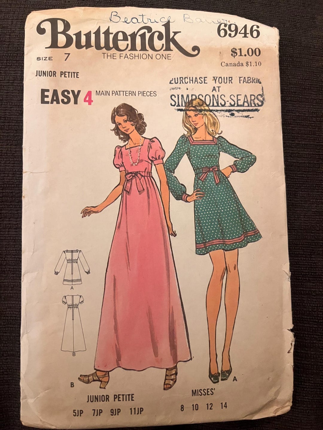 Butterick 6946 Vintage 1970s Dress Pattern, Size 7 Junior Petite - Etsy
