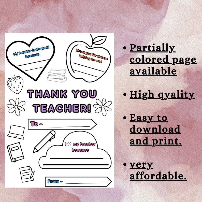 Teacher Appreciation Coloring Page Printable, Best Teacher Card Teacher ...