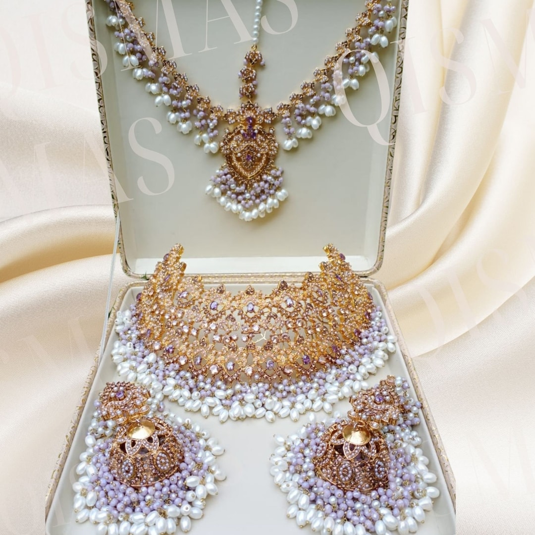 Bridal Luxury 4 Piece Heavy Necklace Set Lilac,white Pearl, Gold ...
