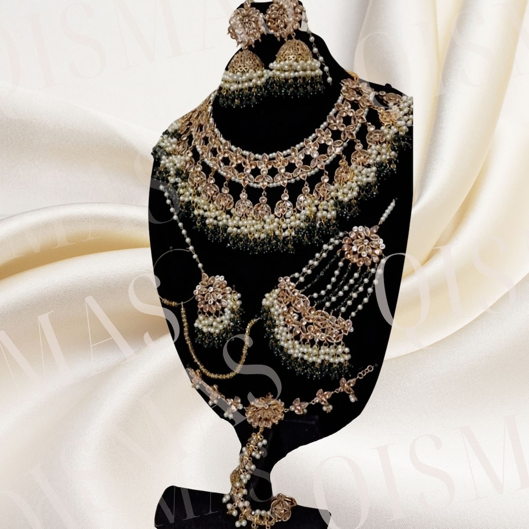 Bridal Luxury 7 Piece Heavy Necklace Set Green, Pearl & Gold ...