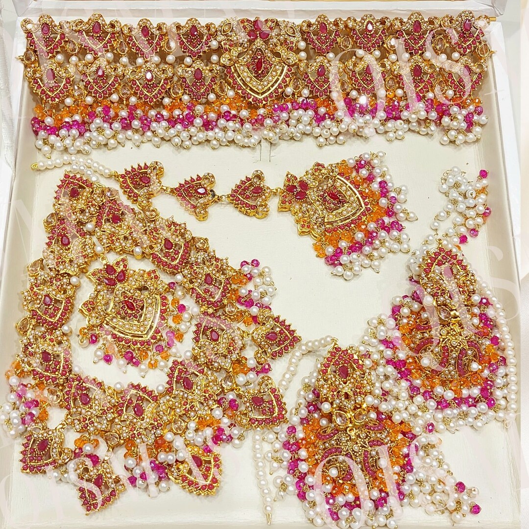Luxury 5 Piece Mehndi Pink & Orange Bridal Traditional Heavy Set ...