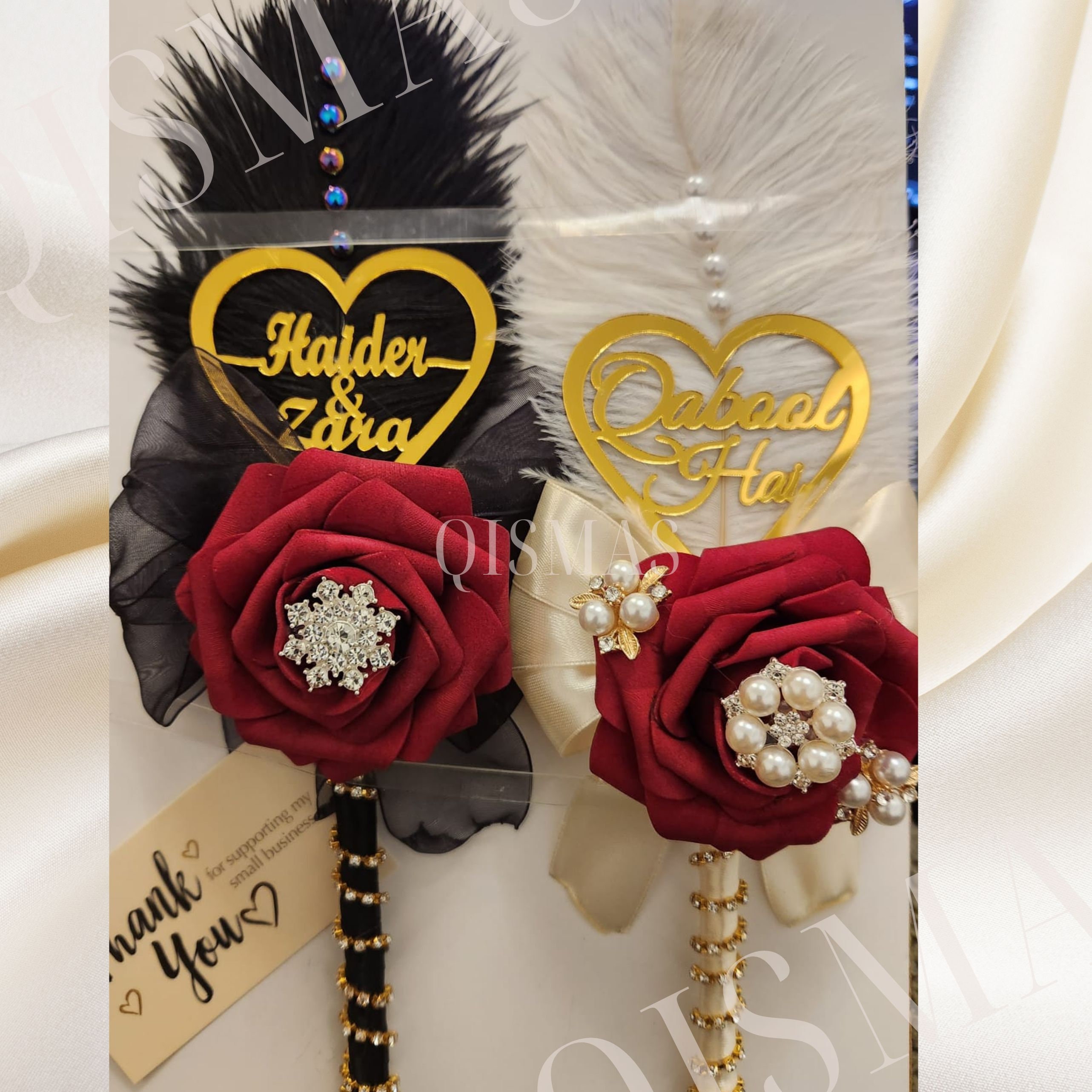 PERSONALISED NAME SET of 2 Luxury Qabool Hai Black & Maroon Rose Nikkah ...