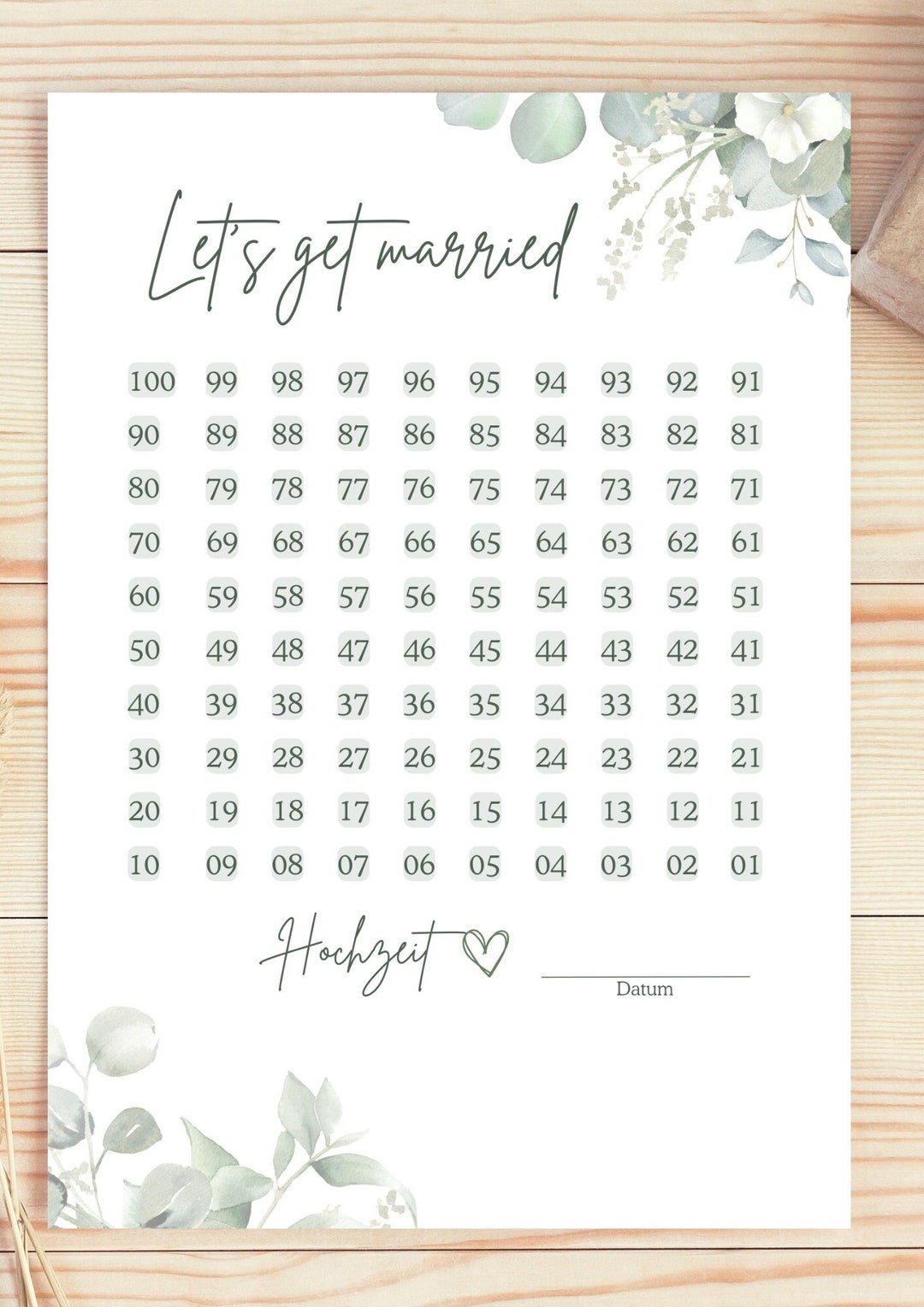 Wedding Countdown 100 Days to Print Yourself DIN A4 Digital Download ...