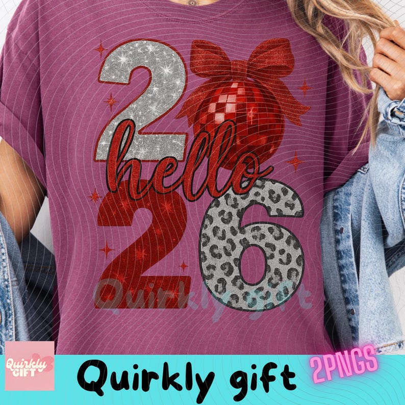Hello 2026 Two PNG: New Year Glitter Red Silver Leopard (digital ...