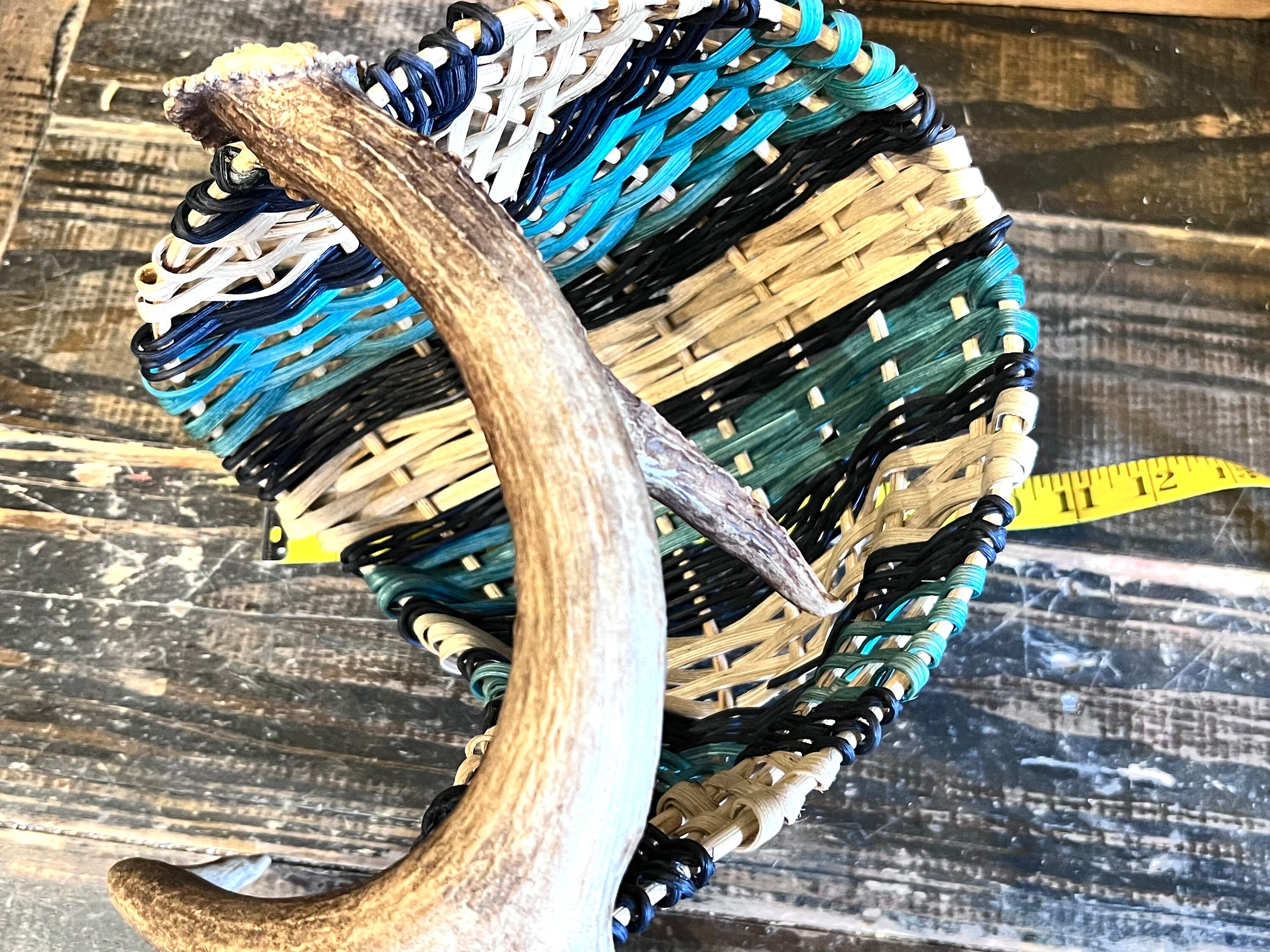 Antler Basket, Art Piece, in Turquoise, Black and Natural Rattan Reed ...
