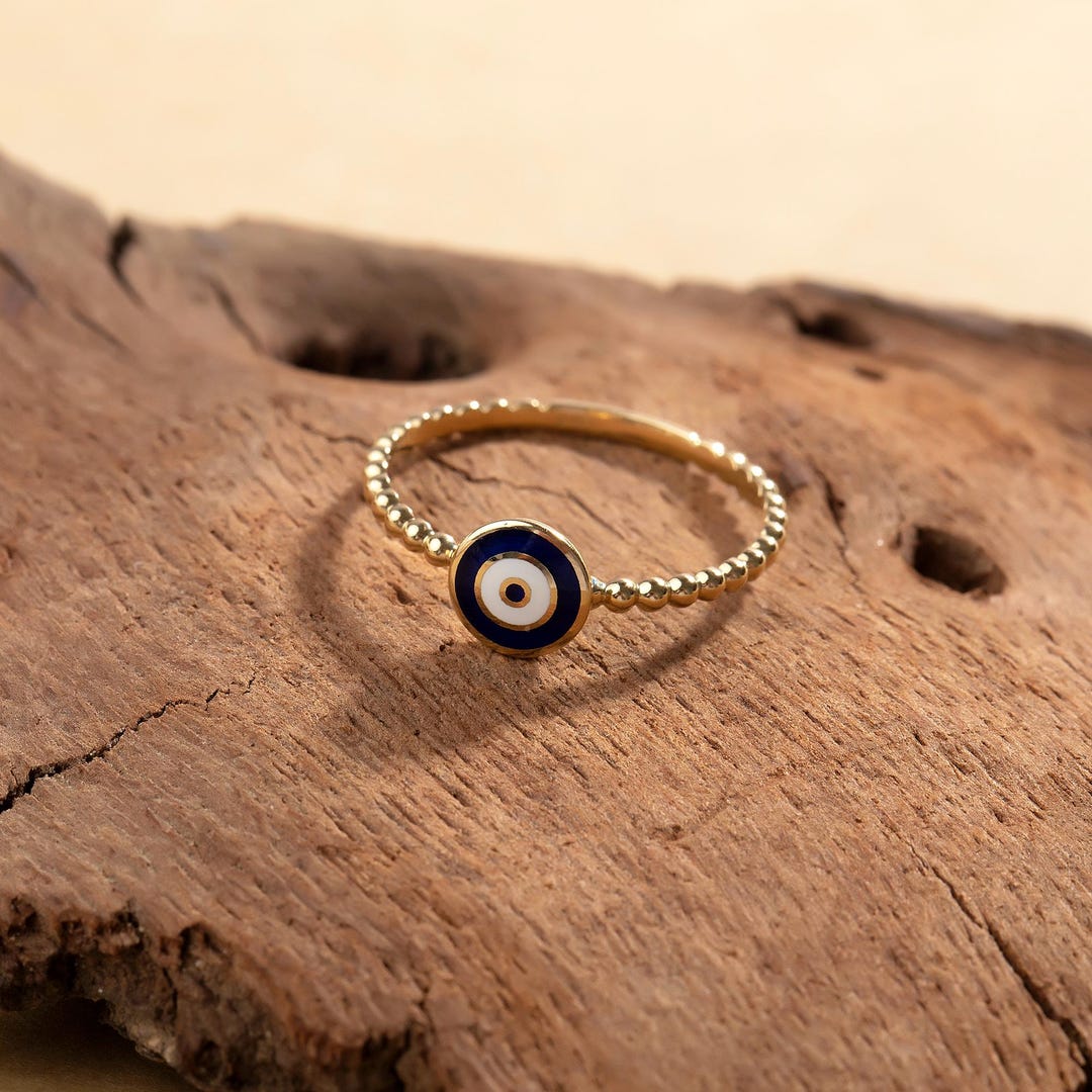 Dainty Evil Eye Ring Beaded Band | 8K 9K 10K 14K Solid Gold Turkish Eye ...