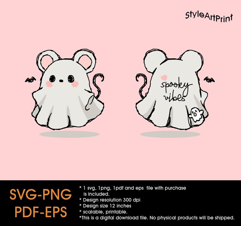 Front & Back Cute Ghost Mouse Pattern, Scalable Printable, Halloween ...
