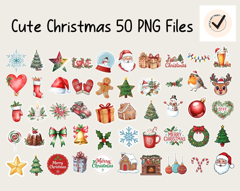 Watercolor Christmas Clipart: 50 PNG Holiday Graphics (digital Download ...