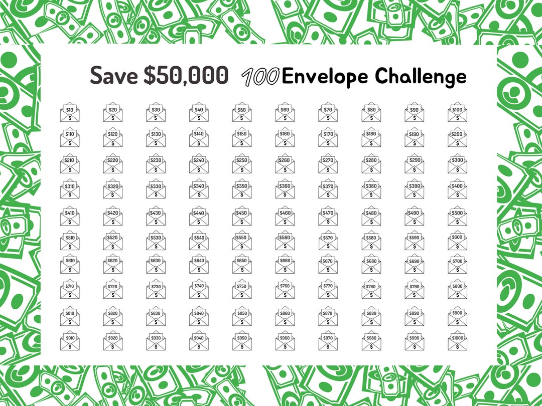 50K Savings Challenge Printable, 100 Envelope Tracker (digital Download ...
