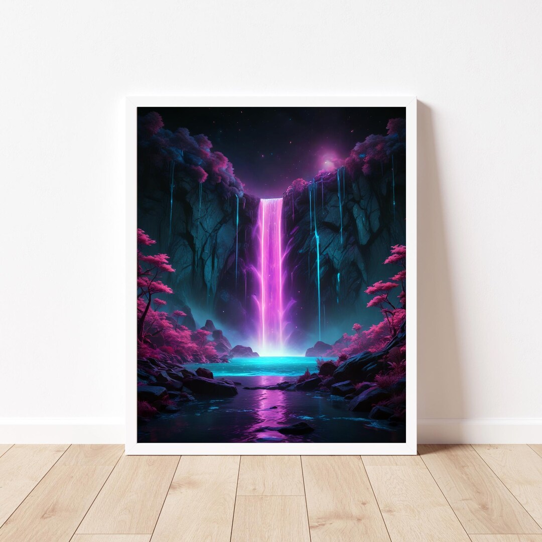 Fantasy Waterfall Wall Art Neon Waterfall Digital Print Surreal Night ...