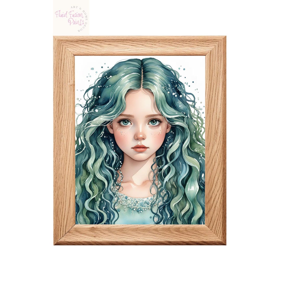 Mermaid Girl Digital Art Print Watercolour Fantasy Portrait Ocean ...