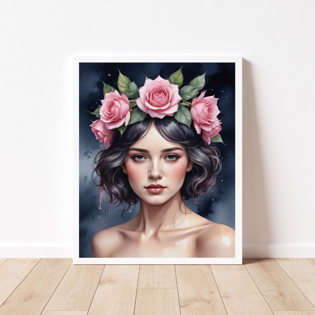 Woman With Rose Crown Wall Art Digital Art Print of Woman With Pink ...