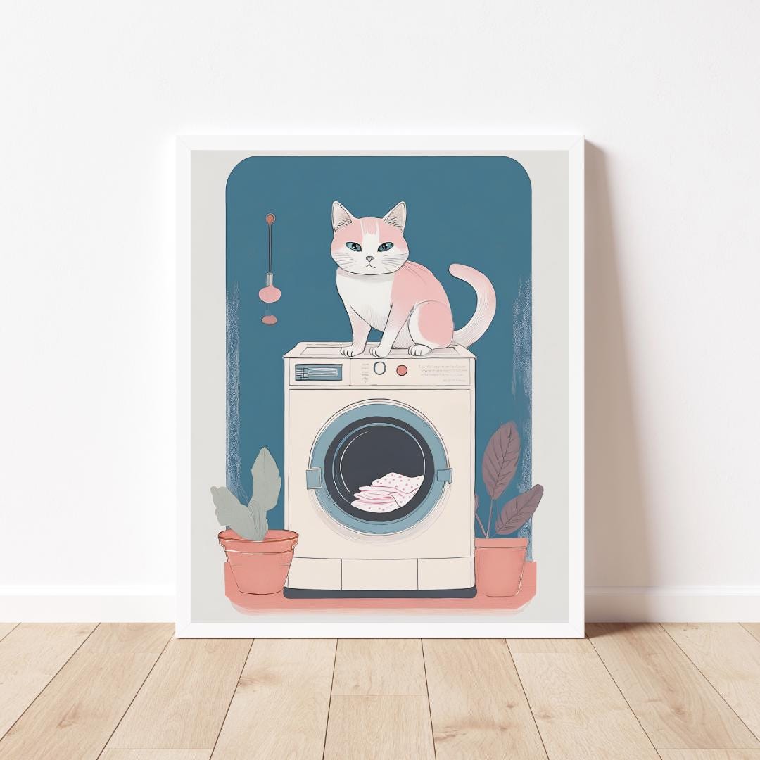 Cat on Washing Machine Wall Art Laundry Room Print Cat Doing Laundry ...