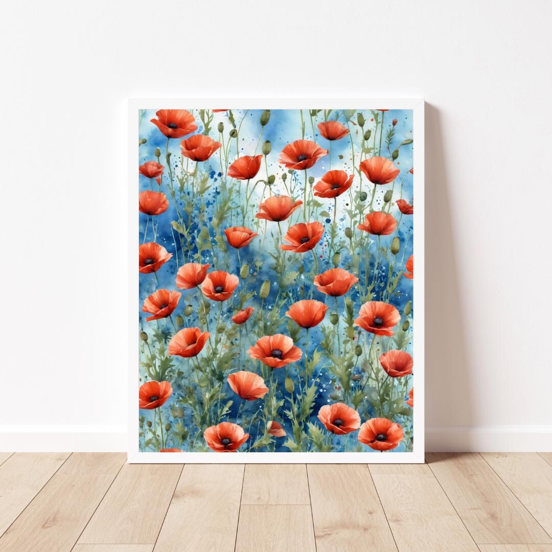 Red Poppy Wall Art Botanical Garden Print Blue and Red Floral Décor ...