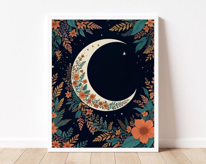 Floral Moon Print, Moon Print Wall Art, Celestial Wall Decor, Moon and ...