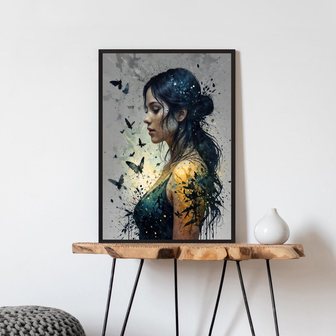 Woman With Dark Hair and Butterflies Wall Art Enchanting Woman Portrait ...