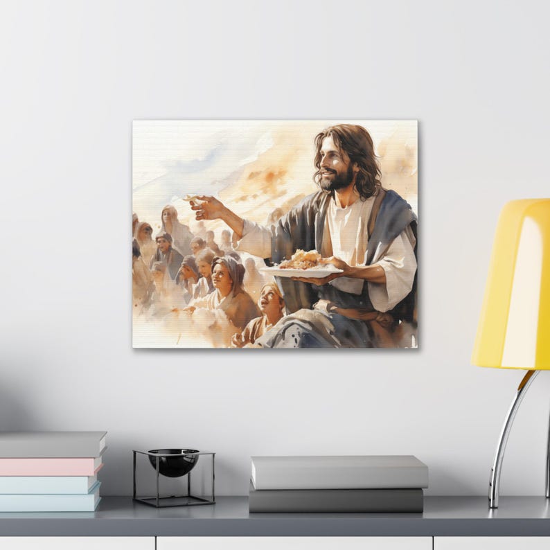 Jesus Feeds the Multitude Canvas Gallery Wrap, Watercolor Christian ...