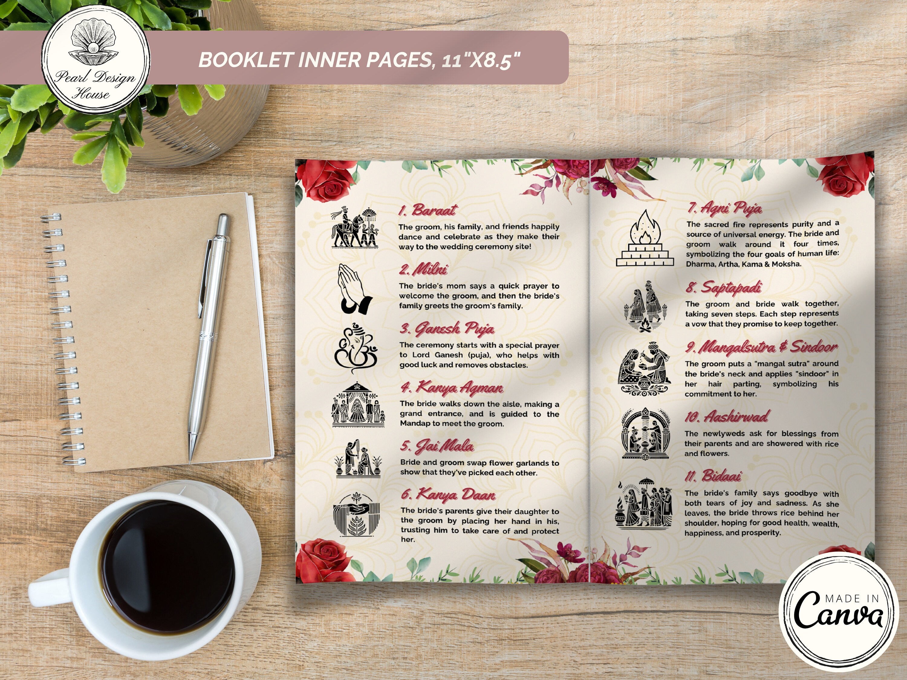 Floral Hindu Wedding Program, Gujarati Wedding Ceremony Guide, Editable ...