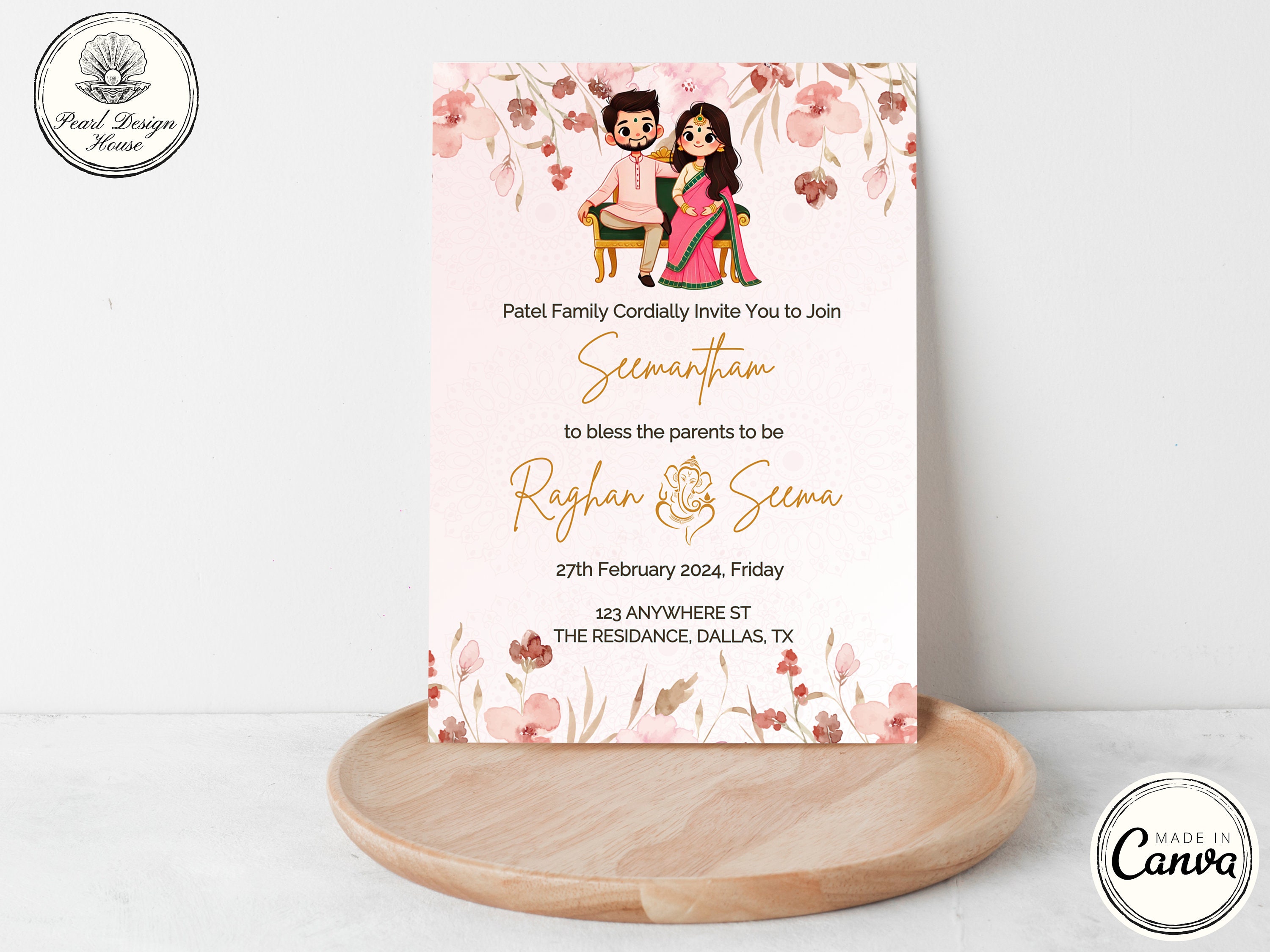 Pink Sreemantham Invite Digital Template, Editable Indian Baby Shower ...