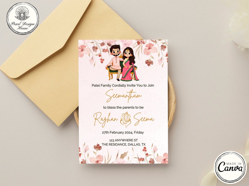Pink Sreemantham Invite Digital Template, Editable Indian Baby Shower ...