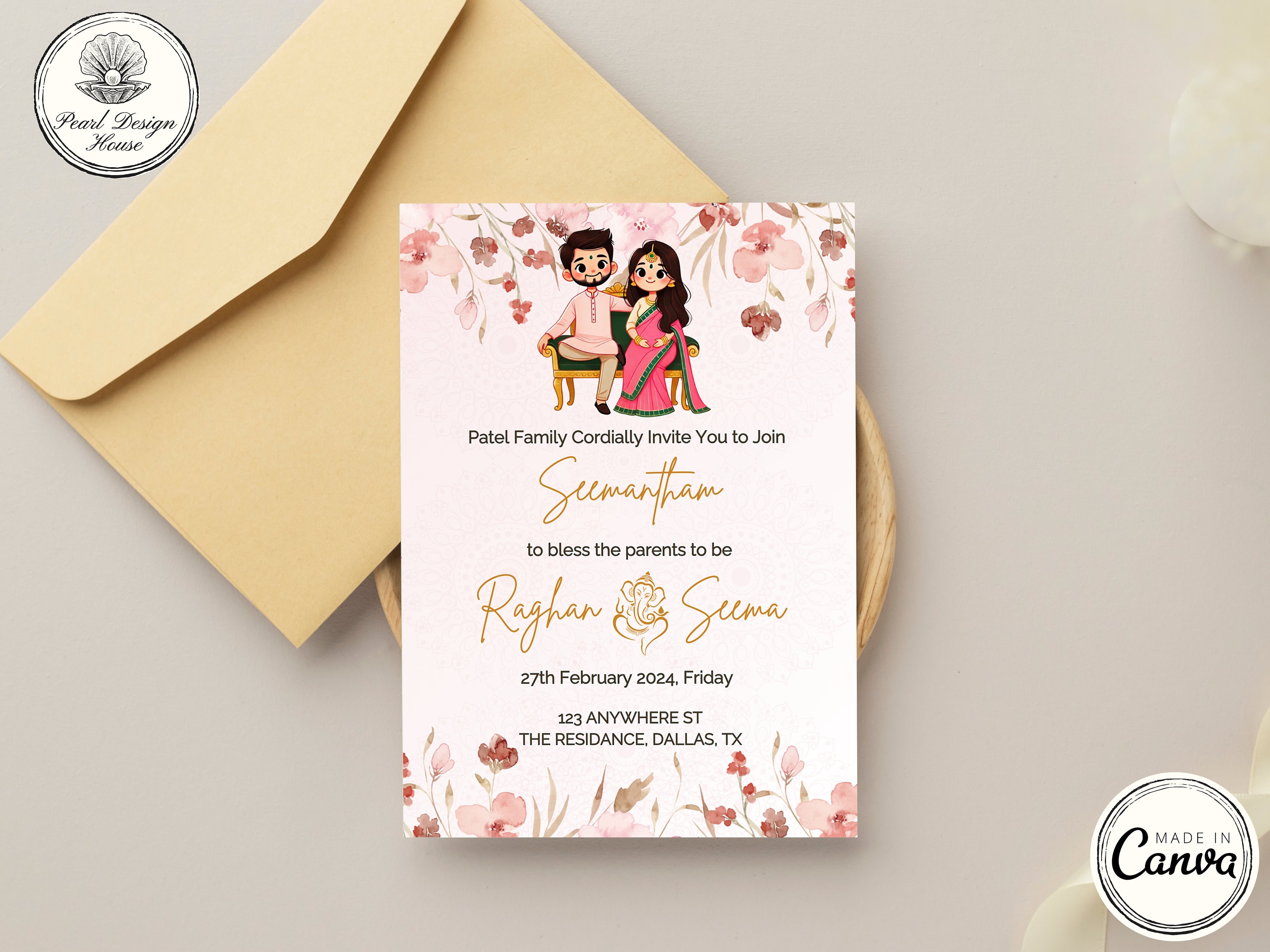 Pink Sreemantham Invite Digital Template, Editable Indian Baby Shower ...