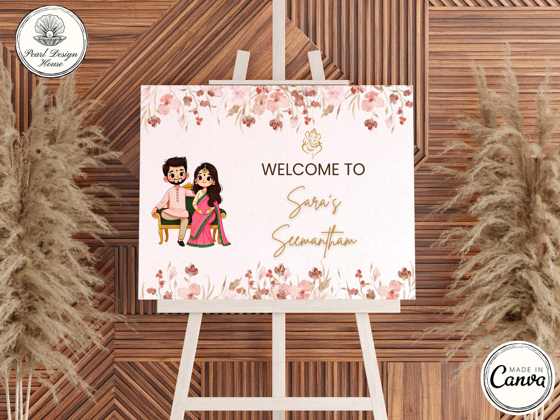 Pink Sreemantham Welcome Sign Template, Editable Indian Baby Shower ...