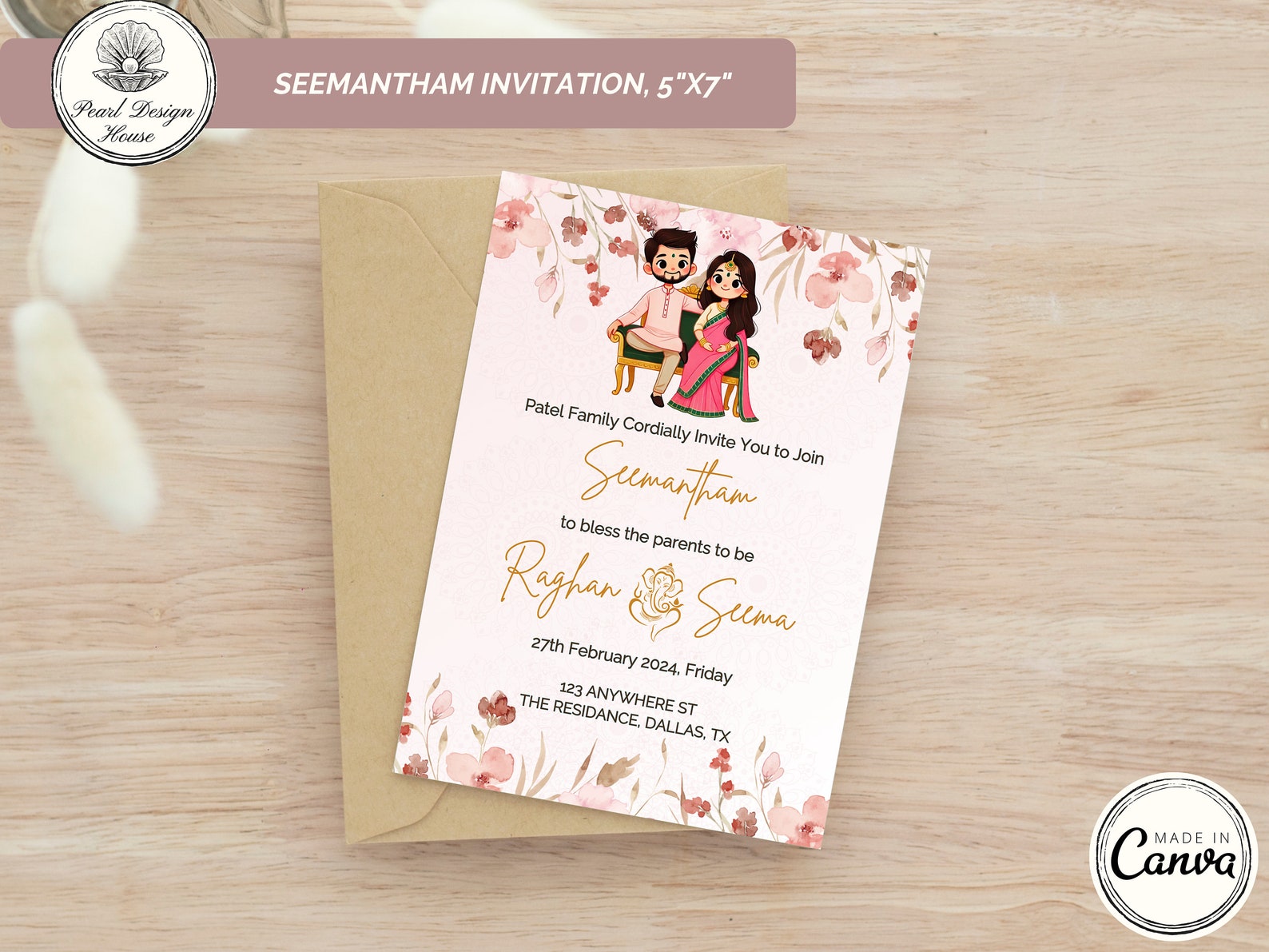 Pink Sreemantham Invite Digital Template, Editable Indian Baby Shower ...