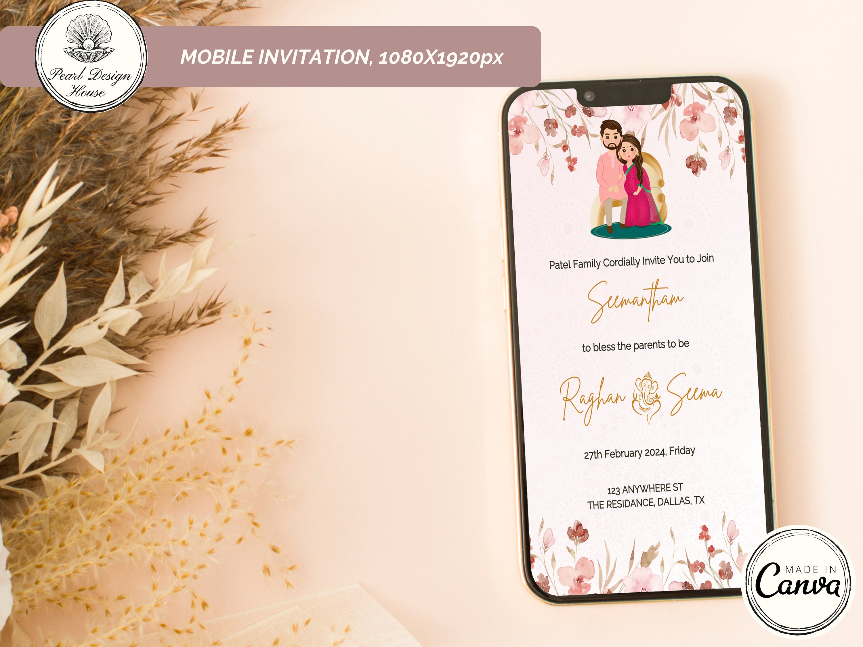 Pink Sreemantham Invite Digital Template, Editable Indian Baby Shower ...